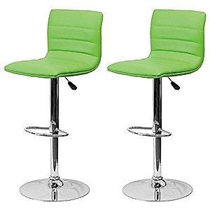 KLS14 Modern Barstools Horizontal Line Design Hydraulic Adjustable Height 360-Degree Swivel Seat Sturdy Steel Frame Chrome Base Dining Chair Bar Pub Stool Home Office Furniture - Set of 2 Green #1980