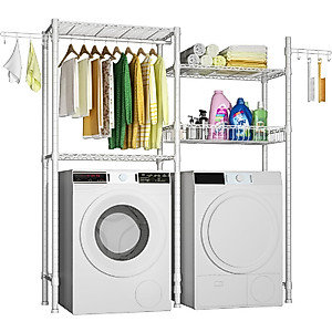 Ulif Clothes Drying Rack, Over Washer and Dryer Laundry Room Storage Shelf, Bathroom Towel Rack Space Saver with Adjustable Shelves, Wire Basket, and Rotatable Hooks, 63.4"L x 13.4"D x 76.7"H, White
