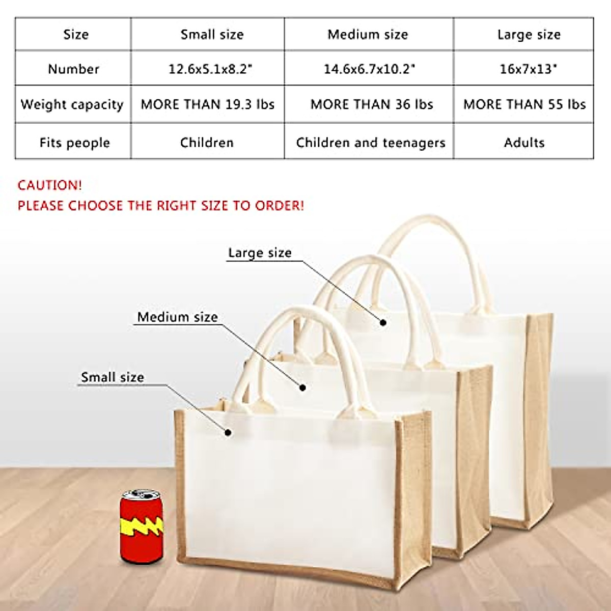 YACEYACE Burlap Tote Bags, 14.5" x 6.7" x 10.2" Set of 6 Travel Tote Bags Jute Beach Tote Bags with Handles Reusable Grocery Bags Bridesmaid Bags Personalized Tote Bags for Travel,DIY, Beach,Wedding