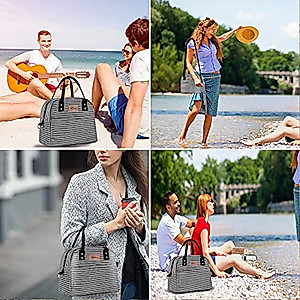 HOMESPON Reusable Insulated Lunch Bag Cooler Tote Box with Front Pocket Zipper Closure for Woman Man Work Picnic or Travel(Black and White Stripe with Shoulder)