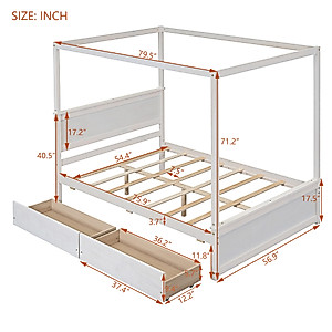 CITYLIGHT Full Size Canopy Bed with 2 Storage Drawers, Wooden Canopy Platform Bed with Headboard, Four Post Bed (Brushed White)