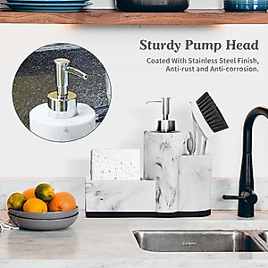 zccz Soap Dispenser with Sponge Holder and Brush Holder, Marble Pattern Kitchen Dish Soap Dispenser Pump Bottle Countertop Sink Caddy Bathroom Organizer Sponge Holder for Sink Storage and Organization