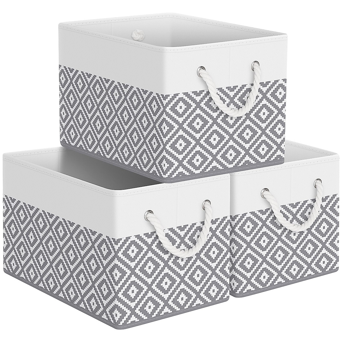 StorageTastic Storage Bins, 3-Pack Large Storage Box with Rope Handles, Collapsible Storage Basket for Organizing Books, Clothes, White & Grey