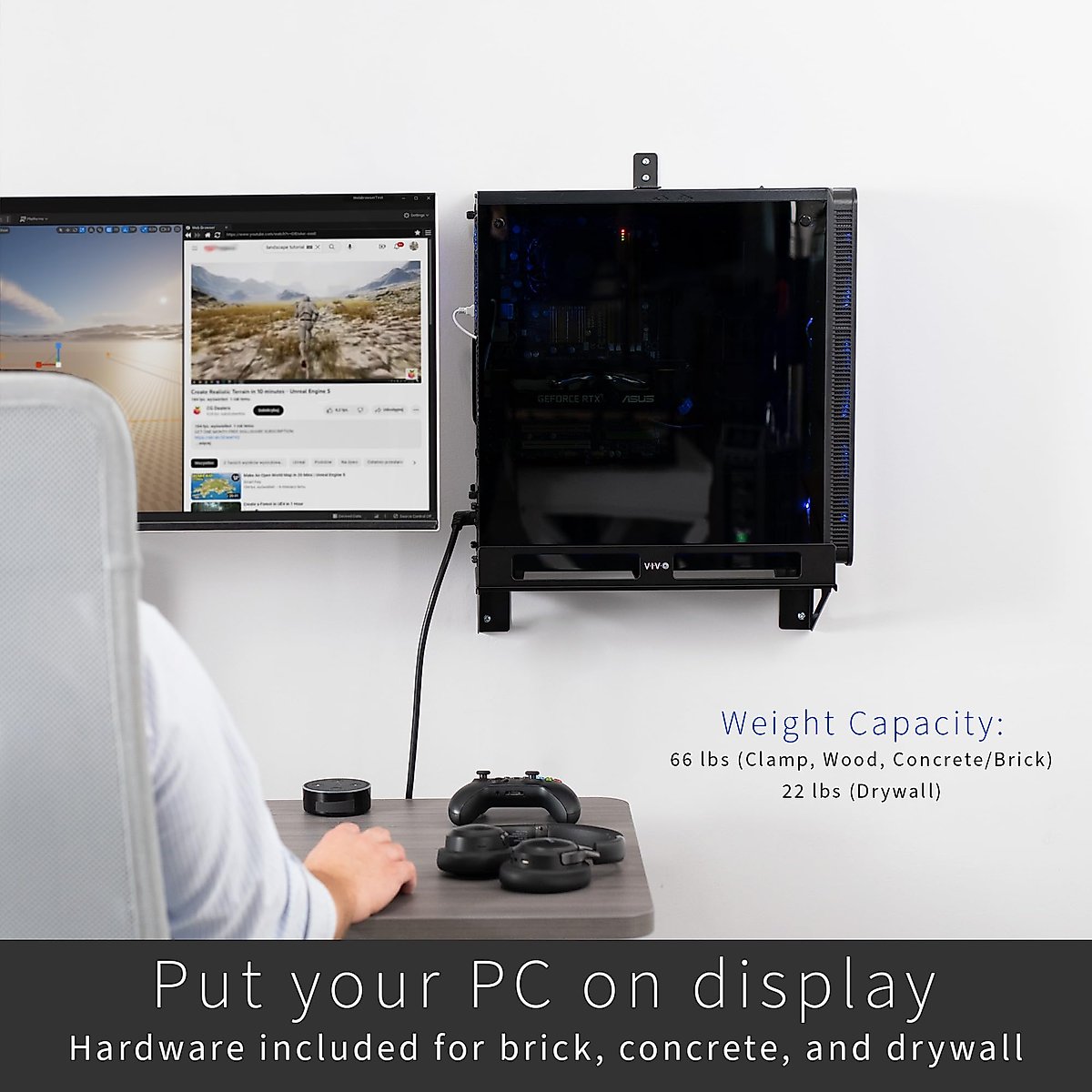 VIVO Clamp-on Desk Extender PC Desk Mount Holder with Wall Mount Option, Standard and Large Gaming Computer Case Stand, Adjustable with Secure Locking, Black, MOUNT-PC07G