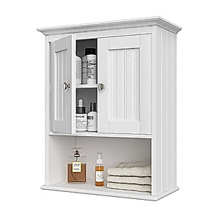 Treocho Wood Wall Cabinet, Bathroom Medicine Cabinet Storage with Doors and Adjustable Shelf, Rustic Cabinet Wall Mounted for Bathroom, Livingroom, Kitchen, Cupboard, White