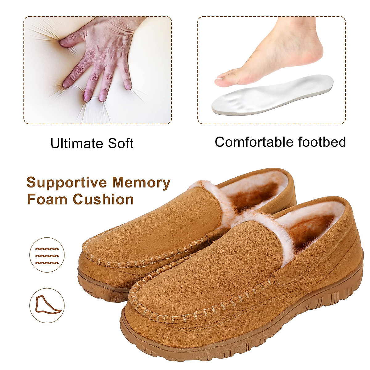festooning Slippers for Men Mens Moccasin Slippers Fuzzy Memory Foam House Shoes Indoor Outdoor Rubber Sole Beige 10M