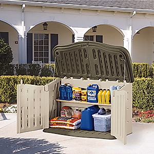 Rubbermaid Split-Lid Resin Weather Resistant Outdoor Storage Shed, Olive and Sandstone, for Garden/Backyard/Home/Pool