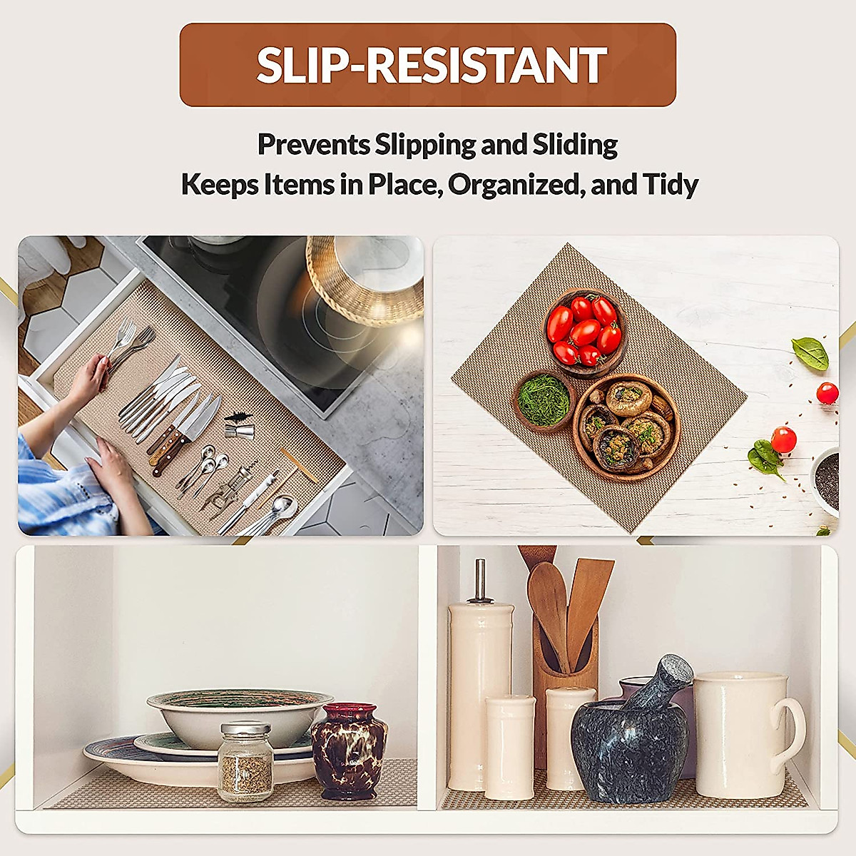 Mueller Drawer and Shelf Liner, 12 in x 20 FT Heavy-Duty, Slip-Resistant Wire Shelf Liners for Kitchen Cabinets, Drawer Liners Kitchen, Shelf Paper for Desks, Durable Non-Adhesive Waterproof Beige