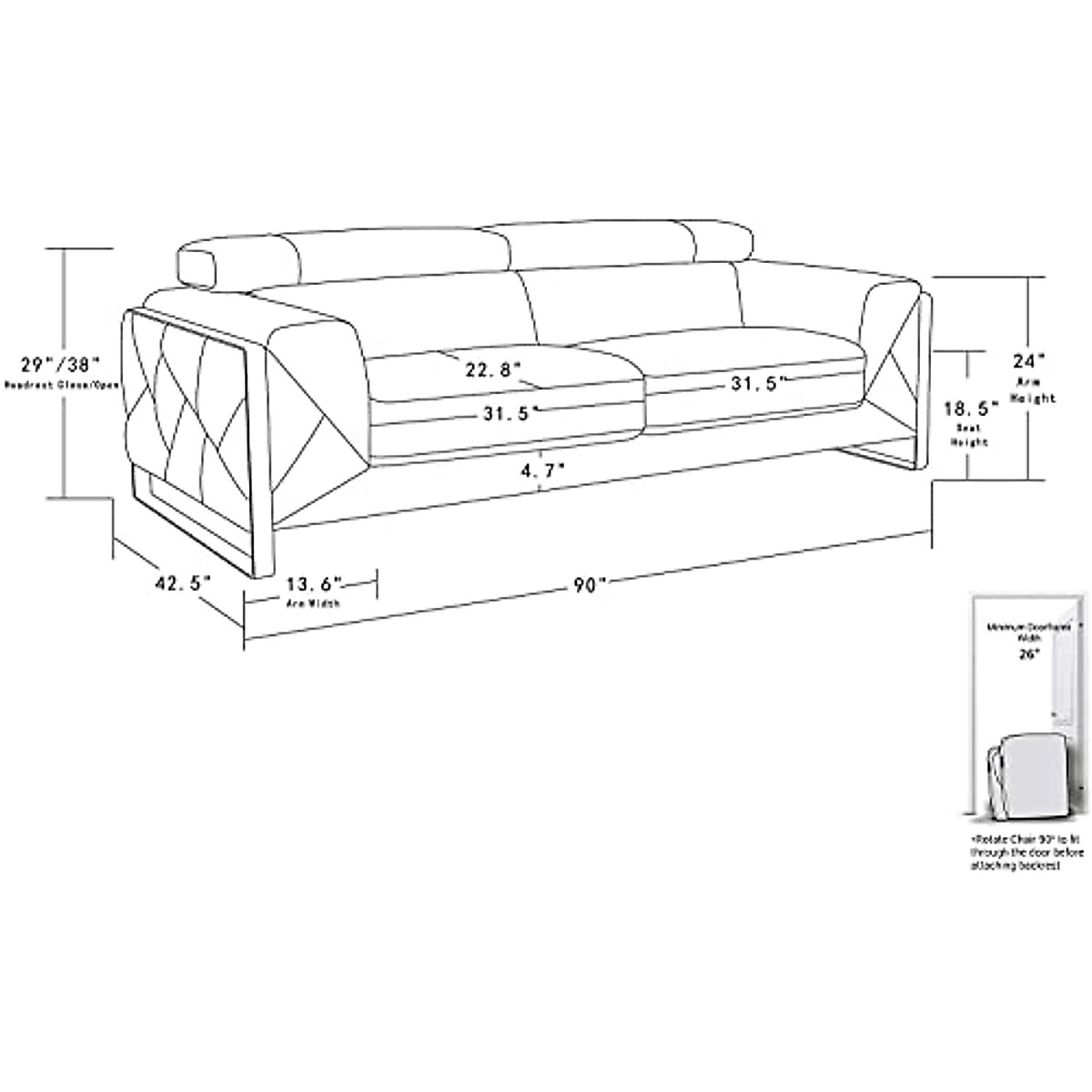Blackjack Furniture Gianni Mid Century Modern Italian Leather Living Room Sofa, Black
