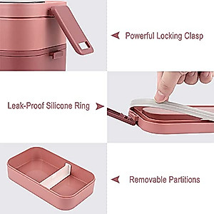 NatraProw Bento Lunch Box for Adults, 2 Layers Stackable Lunch Container, 1600ml Large bento Box for Adults, Built-in Utensils, Microwave Safe Bento Boxes, Leakproof, BPA Free, Pink