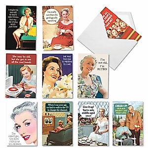 NobleWorks - 10 Funny Birthday Cards Assortment - Adult Retro Notecard Set, Bulk Boxed Humor - Old Enough to Know Better A1236
