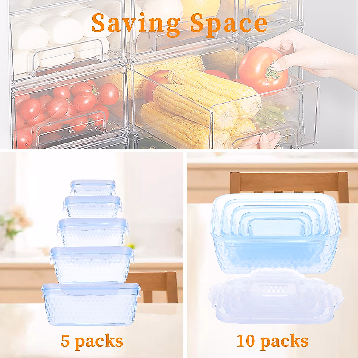 ECASIS 5 Food Storage Containers,Airtight Plastic Meal Prep Containers With Leakproof Locking Lids,for Microwave, Oven, Freezer and Dishwasher - Pen&Label（Blue）