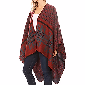 Sakkas 1928 - Lupe Womens Reversible Poncho Wrap Cape Shawl Sweater Coat Cardigan Pattern - Zigzag Burgundy - OS