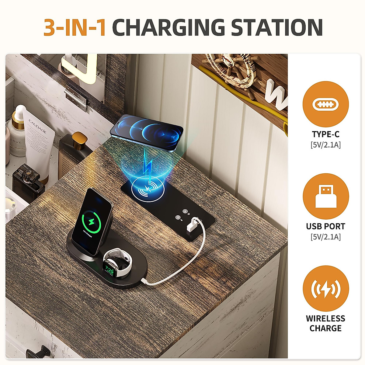 Gurexl 3-in-1 Vanity Desk with 3-Color Lights and Mirror,47.2" W Makeup Vanity Set with Charging Station,LED Compact Dresser-Vanity with 3 Drawers,2 Cabinets,Chair,Dressing Table for Bedroom