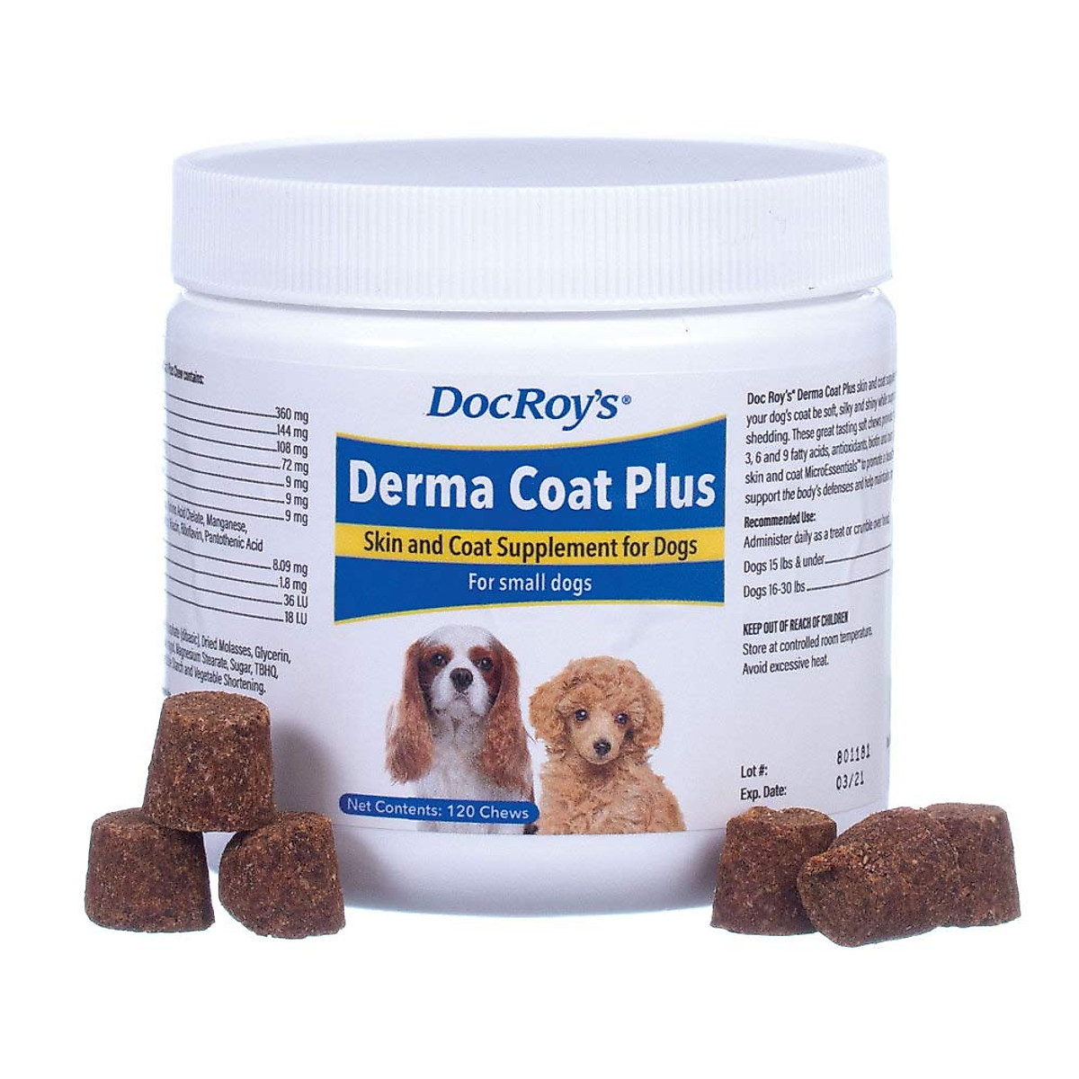 Revival Animal Health Doc Roy's Derma Coat Plus Skin & Coat Supplement for Small Dogs- 120 ct Chews