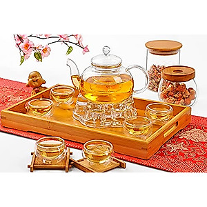 Jusalpha 11 PC-Glass Filtering Tea Maker Teapot with a Warmer and 6 Tea Cups Set (Version 2, 27-Oz)