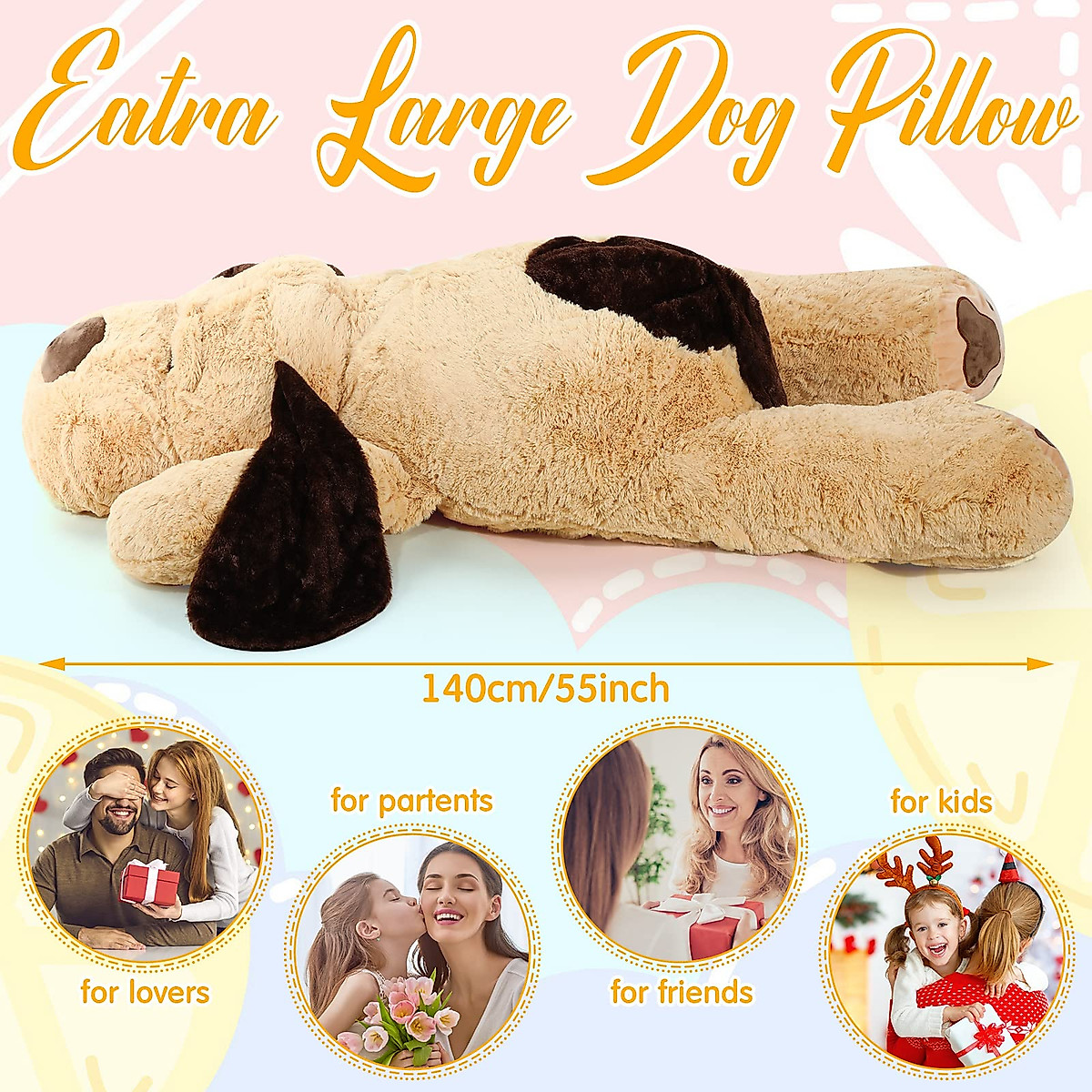 HyDren 55 Inch Giant Puppy Dog Stuffed Animal Large Plush Dog Pillow Soft Stuffed Dog Huge Stuffed Animal Pillow Big Plush Toy for Boys Girls Adults Birthday Holiday Presents