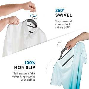 Zober Velvet Hangers 20 Pack - Clothes Hanger W/Tie Bar - Non-Slip, Swivel Hook, Slim Felt Hangers - Suits, Clothes, Pants, Coat Hanger - Gray
