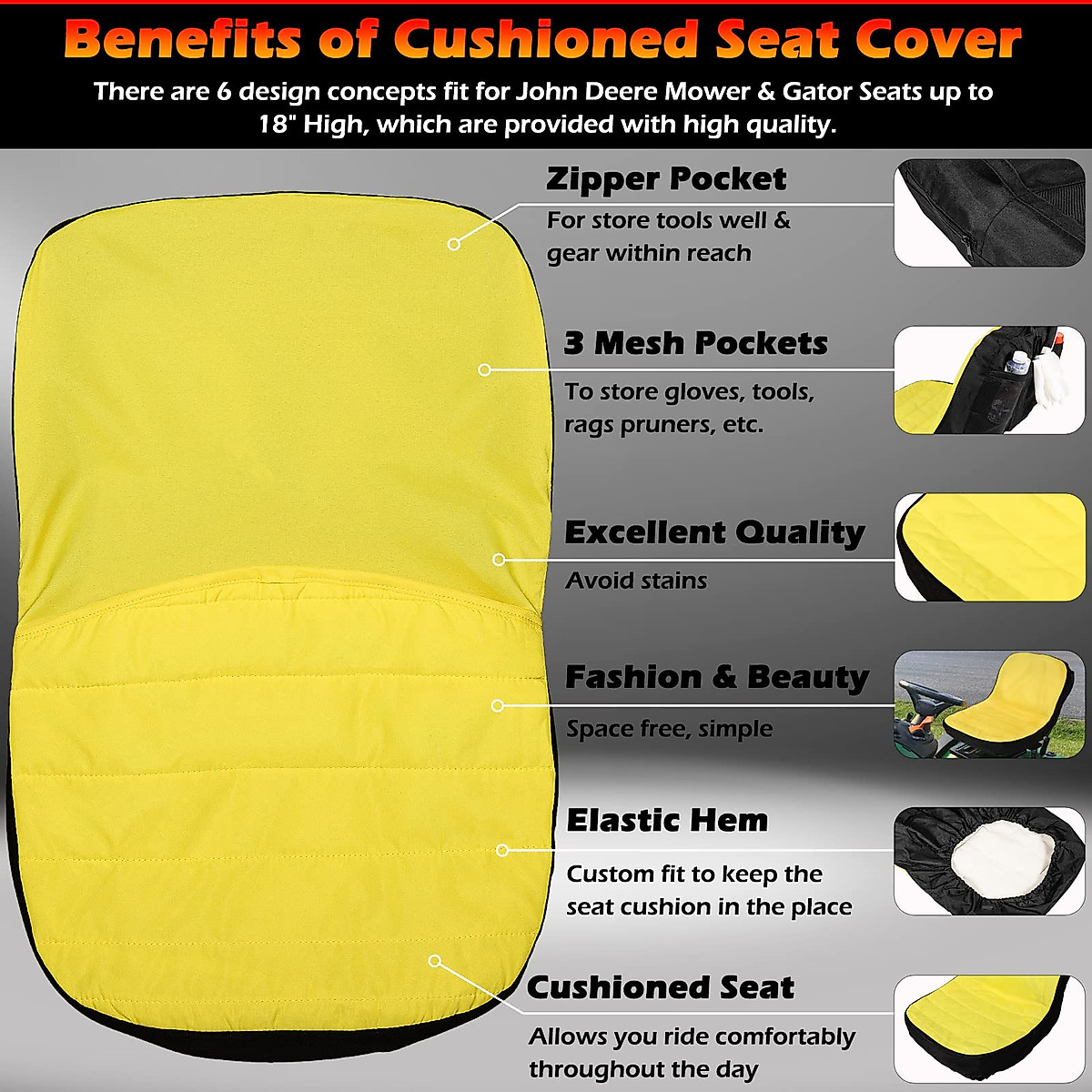 Upgrade Large Seat Cover LP92334, Riding Lawn Mower Cushioned Waterproof Seat Cover up to 18" High Perfectly Fits for John Deere Mower & Gator Seats, Comes with Convenient Storage Pouch