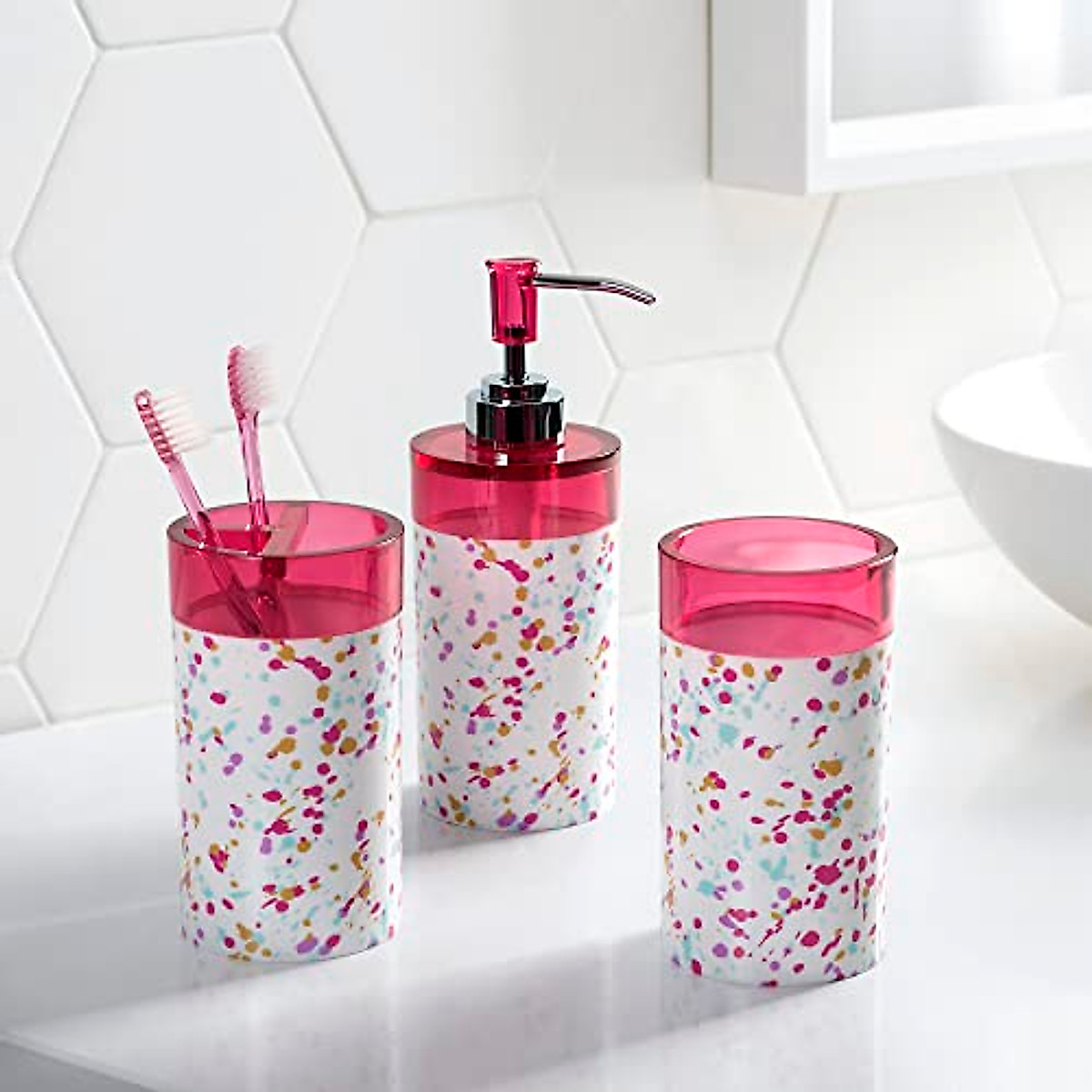 Allure Home Creation Confetti Pink 3-Piece Plastic Set-Soap/Lotion Dispenser-Toothbrush Holder-Tumbler