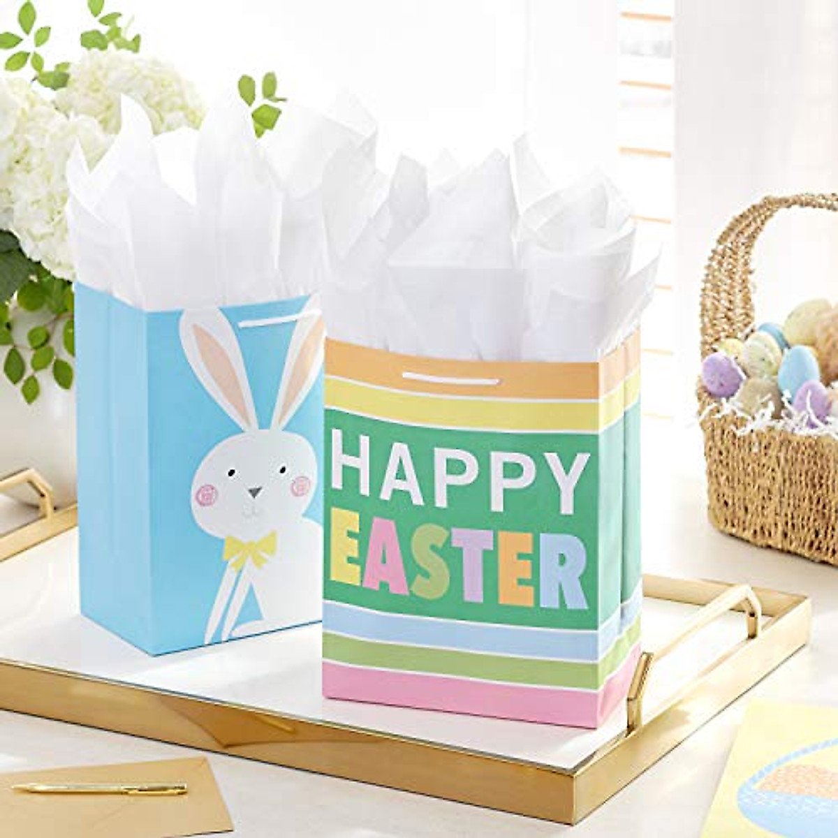 Hallmark 11" Large Easter Gift Bags (3-Pack: Easter Basket, Bunny, "Happy Easter" Stripes) in Yellow, Blue, Green