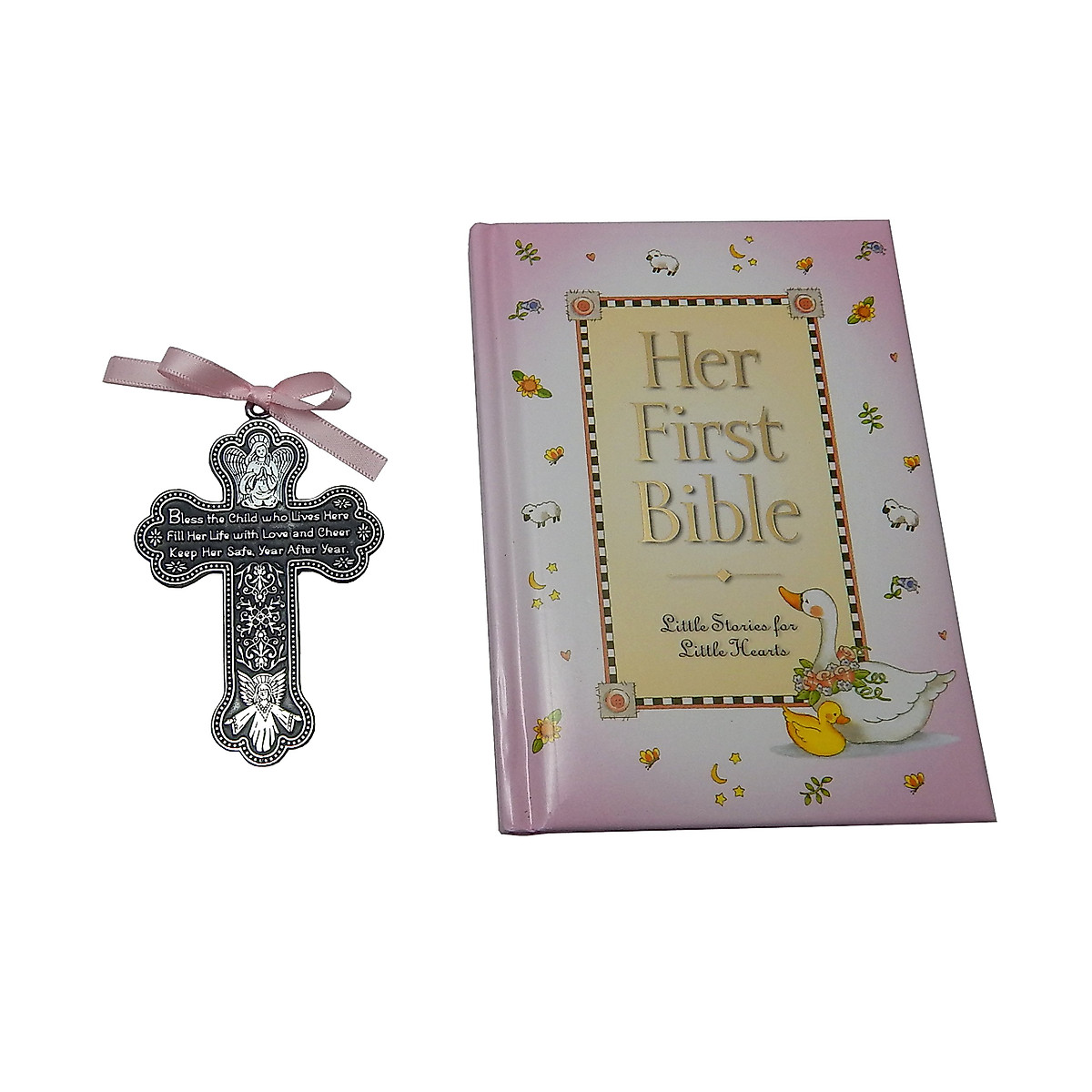 Baby Girl First Bible and 4 Inch Pewter Baptism Guardian Angel Crib Cross