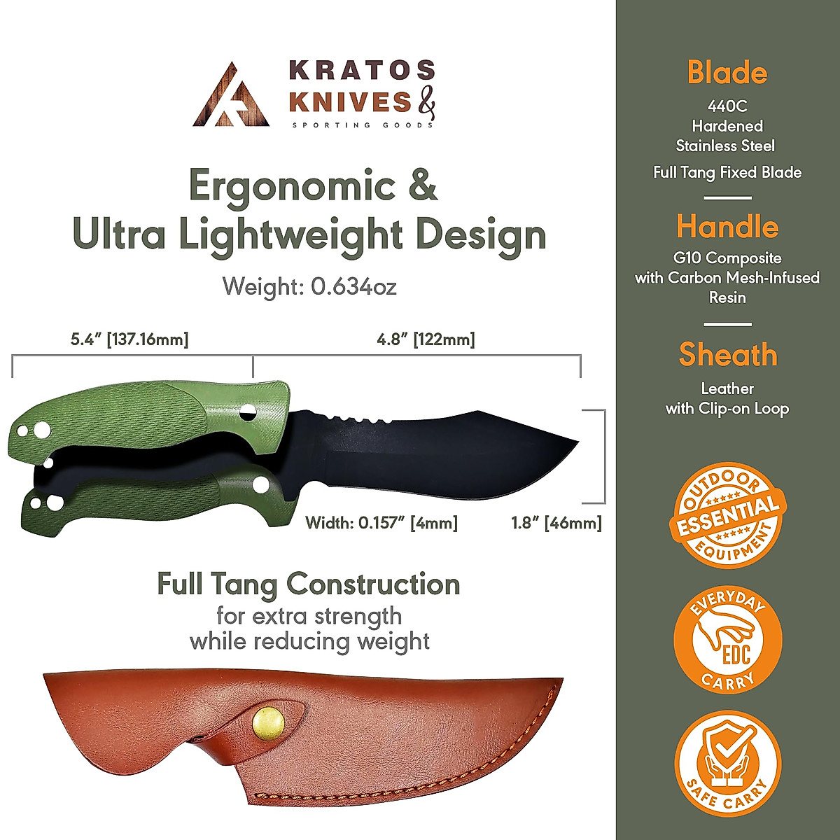 Bushcraft Knife Full Tang with Sheath, 10.2" Fixed Blade Survival Knife with 440C Hardened Stainless Steel, Leather Sheath Included by Kratos - ZFS5