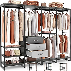 Aheaplus Wood Clothes Rack Wardrobe Closet for Hanging Clothes Heavy Duty Garment Rack, Large Corner L Shaped Closet System Organizer Walk-in Closet for Bedroom with 3 Wood Drawers,-S1, White and Grey