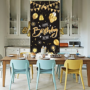 Black Gold Happy Birthday Door Banner,Birthday Door Cover Decoration Supplies Happy Birthday Backdrop Photography Background Sign for Women and Girls Birthday Party Home Outdoor Decor