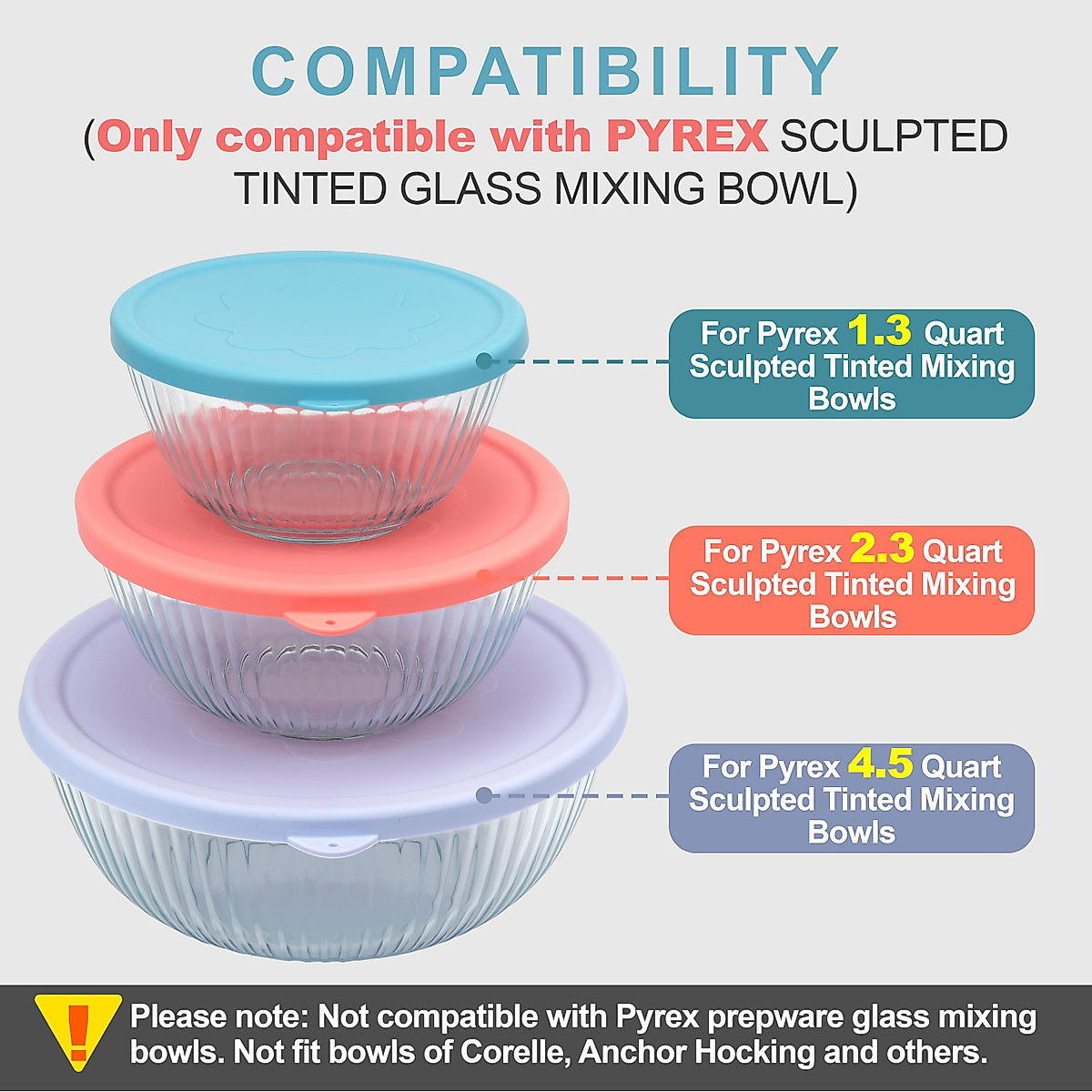 Purekra 3 Pack Silicone Replacement Lids for Pyrex 7402-S 1.3 Qt, 7403-S 2.3 Qt, 7404-S 4.5 Qt Sculpted Tinted Glass Mixing Bowls (BOWL NOT INCLUDED)