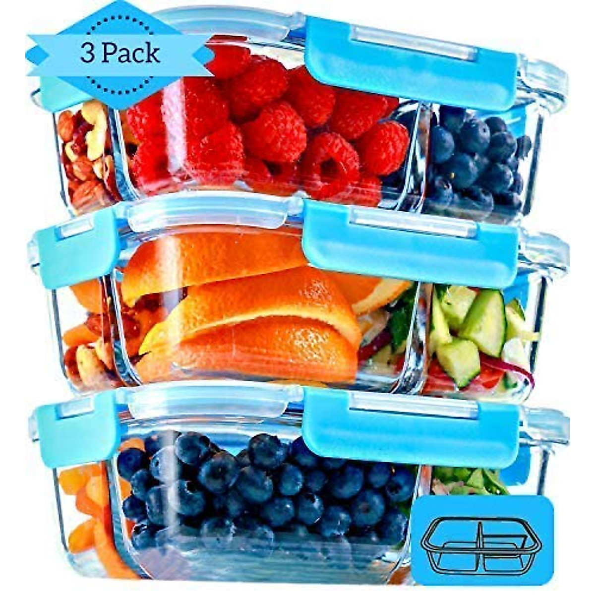 FIT Strong & Healthy 3 Compartment Glass Meal Prep Containers (3 Pack, 32 oz) - Glass Food Storage Containers with Lids, Glass Lunch Box, Glass Bento Box Lunch Containers, Portion Control, Airtight