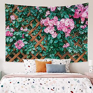 Qinunipoto Garden Fence Tapestry Spring Floral Scene Tapestry Wall Hanging Pink Flower Blossom Green Leaves Wood Fence Tapestry for Living Room Bedroom Dorm Home Room Decor 39X27inch