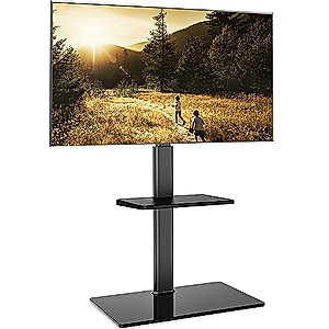 FITUEYES Universal TV Stand for 32 39 40 43 49 50 55 60 Inch TVs, TV Floor Stand with Swivel Mount, Max Holds 66lbs, Black Glass Base, Height Adjustable, Perfect for Corner & Bedroom