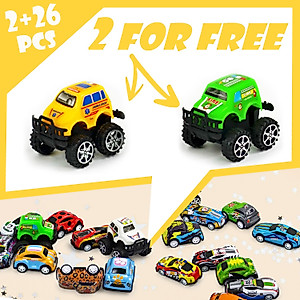 Vileafy 26 Pack Different Pull Back Cars for Kids Party Favors, 3 Styles of Small Vehicles for Kids 3-5 Years Old, Great Toys for Class Prizes, Treasure Box and Party Favors