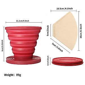 2 Pieces Collapsible Coffee Dripper Easy Red Manual Coffee Brew Maker with 80 Pieces Unbleached Paper Filters Paper Coffee Filter Reusable Silicone Coffee Dripper for Hiking, Camping, Home, Office