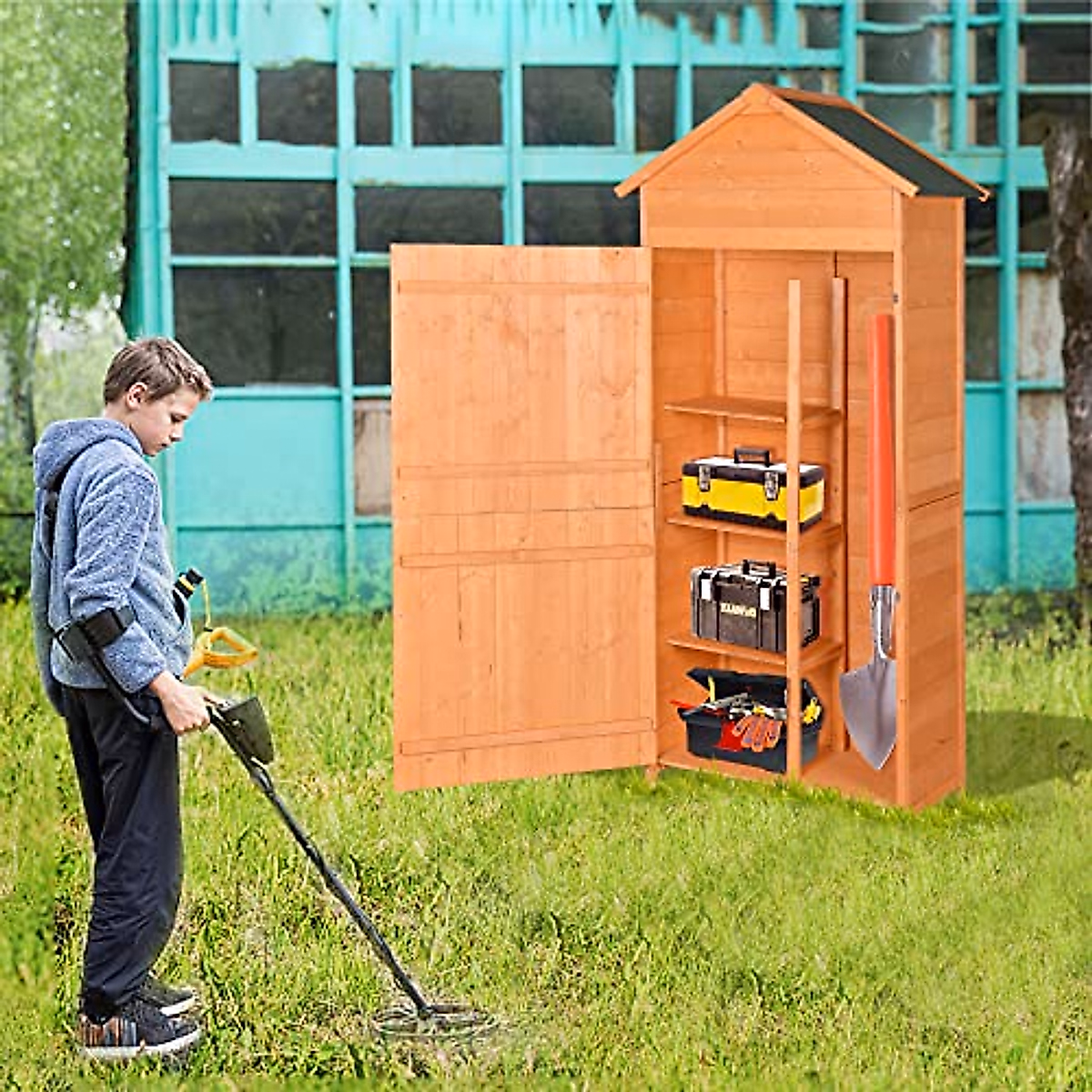 FRANSOUL Outdoor Wood Storage Shed Garden Storage Room, Waterproof Large Tool Storage Cabinet with Lockable Doors for Patio, Backyard, Lawn, Meadow, Farmland, Natural