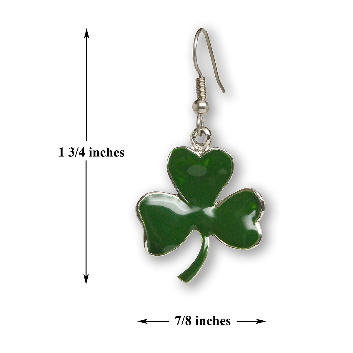 St. Patrick's Day Irish Shamrock Dangle Earrings Green Enamel on Silver Finish Pewter