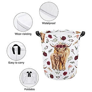RENJUNDUN Floral Highland Cow Storage Basket Collapsible Toys Storage Box Bin Laundry Organizer for Closet Shelf Nursery Kids Bedroom, 17.3'' Hx16.5''D