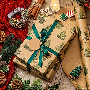 Retrify Kraft Wrapping Paper Roll with Cut Lines on Reverse, Watercolor Green Christmas Trees Gift Wrap Paper for Holiday, Party Celebration, Arts, Craft - 17 Inch x 32.8 Feet