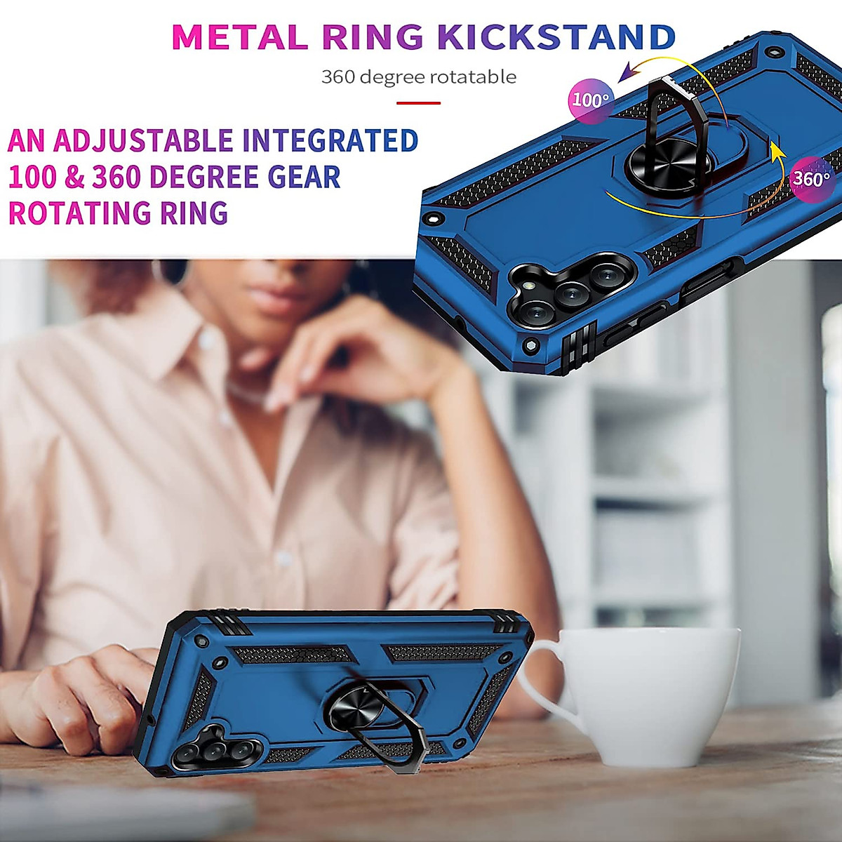 STARSHOP Galaxy A13 5G Phone Case, Samsung Galaxy A13 5G Case, with [Tempered Glass Screen Protector Included], Military Grade Shockproof Drop Protection Phone Cover with Metal Ring Kickstand - Navy