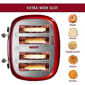 4 Slice Toaster Roter Mond Retro Stainless Steel Toasters with Bagel Defrost Cancel Function, 6 Browning Settings, Extre Wide Slot, Red