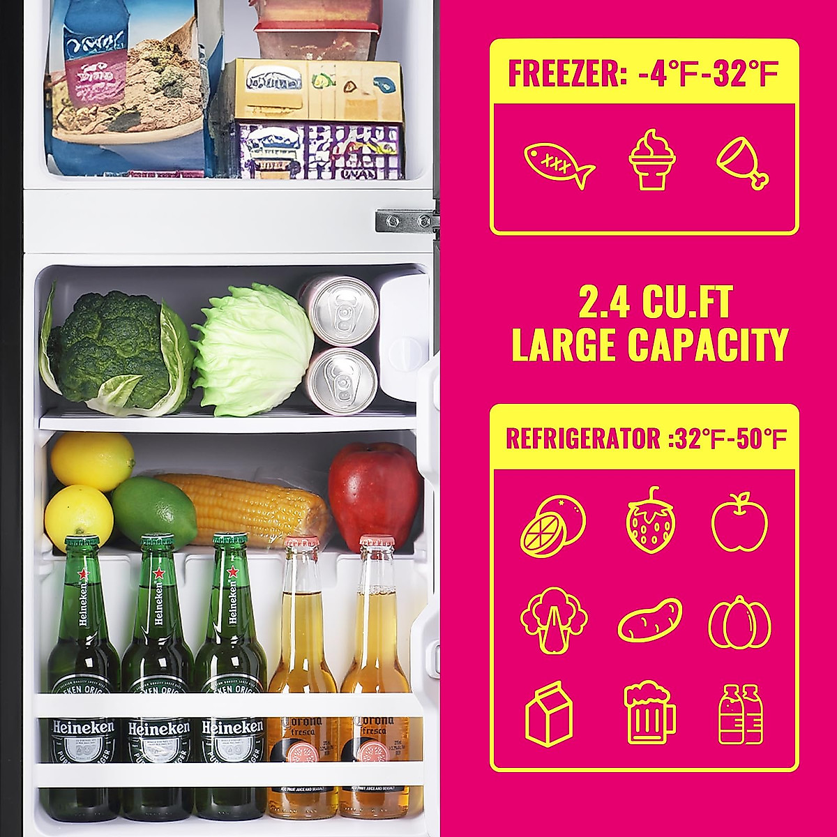 DEMULLER 2.4 Cu.ft Mini Fridge with Top Freezer Apartment Size Dual Door Compact Refrigerator for Personal Use Small Fridge with Egg tray, 7 Temperature Control For Dorm, Silver