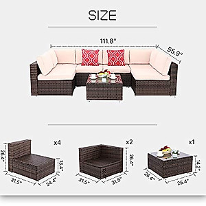 Polar Aurora 7 Pieces Outdoor Patio Sofa Set PE Rattan Wicker Sectional Furniture Outside Couch w/Washable Seat Cushions & Modern Glass Coffee Table