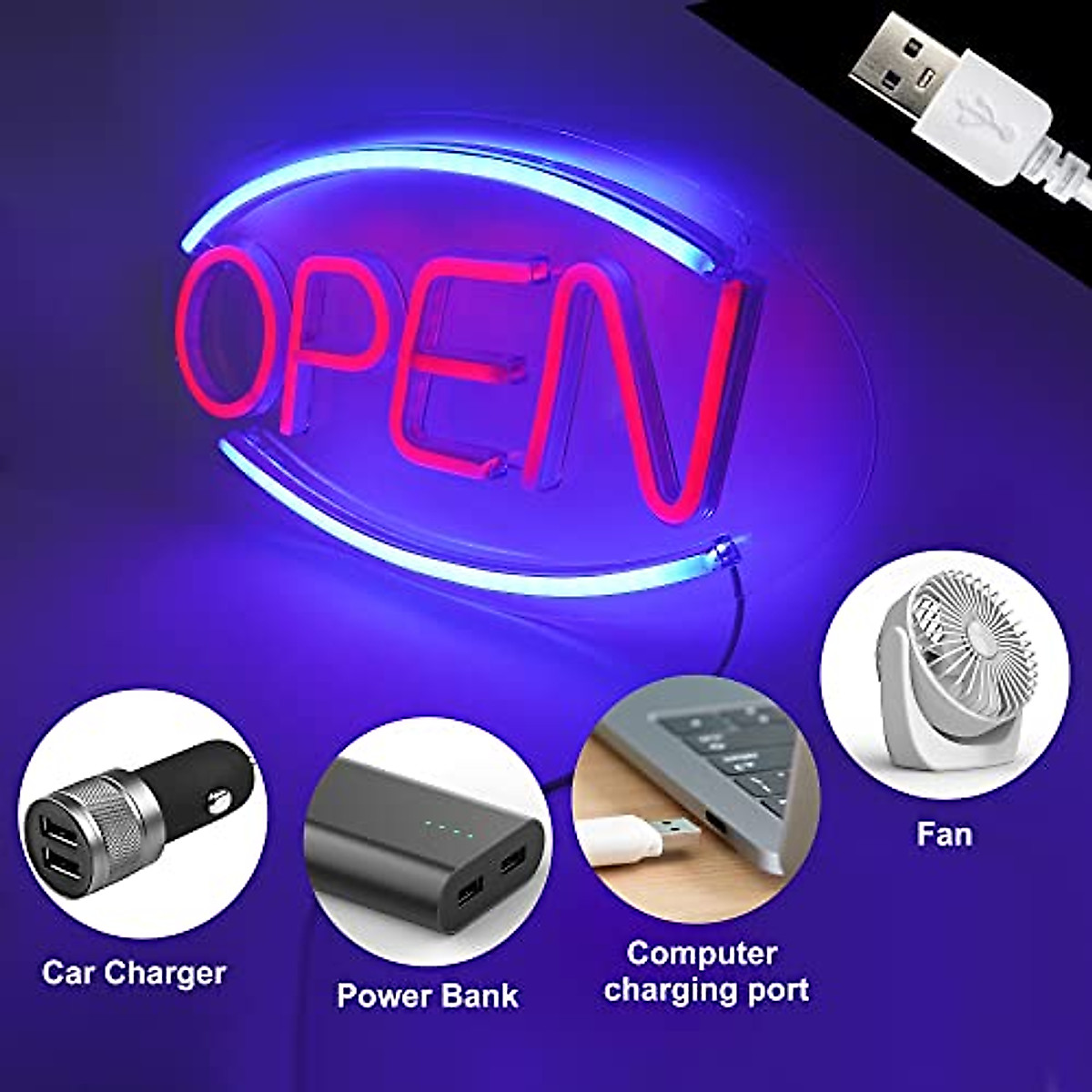 Large LED Neon Open Sign 18"x 8.6" for Business, Powered by USB with ON/OFF Switch Adjustable Brightness Open Neon Lights for Party Bar Salon Hotel Stores Window Wall Decor