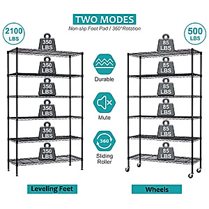 6 Tier Wire Shelving Unit Rack, NSF Heavy Duty Height Adjustable Storage Shelf Metal Shelving with Wheels/Feet Levelers for Garage Rack Kitchen Rack Office Rack Commercial Shelving - 18"x48"x82" Black