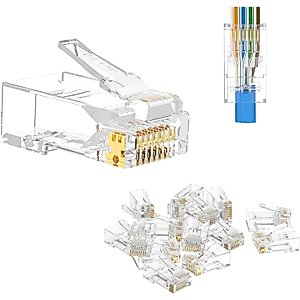 VCE RJ45 Cat6 Pass Through Connectors 50-Pack, Cat 6/Cat 5e RJ45 Ends Gold Plated for Solid or Stranded UTP Network Cable, UL Listed