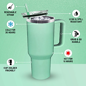 Crave Cups 40oz Tumbler with Lid and Straw l Reusable Spill Proof Double Wall Insulated Stainless Steel Water Bottle Travel Mug l Cupholder Friendly Vacuum Sealed Tumbler with Handle (Seafoam)