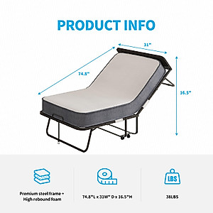 Mjkone Folding Bed with 5 inch Mattress and Headboard - 75x31 Twin Size Bed Frame - Portable Foldable Rollaway Adult Bed for Guest, Memory Foam, Space Saving Fold Up Bed for Easy Storage