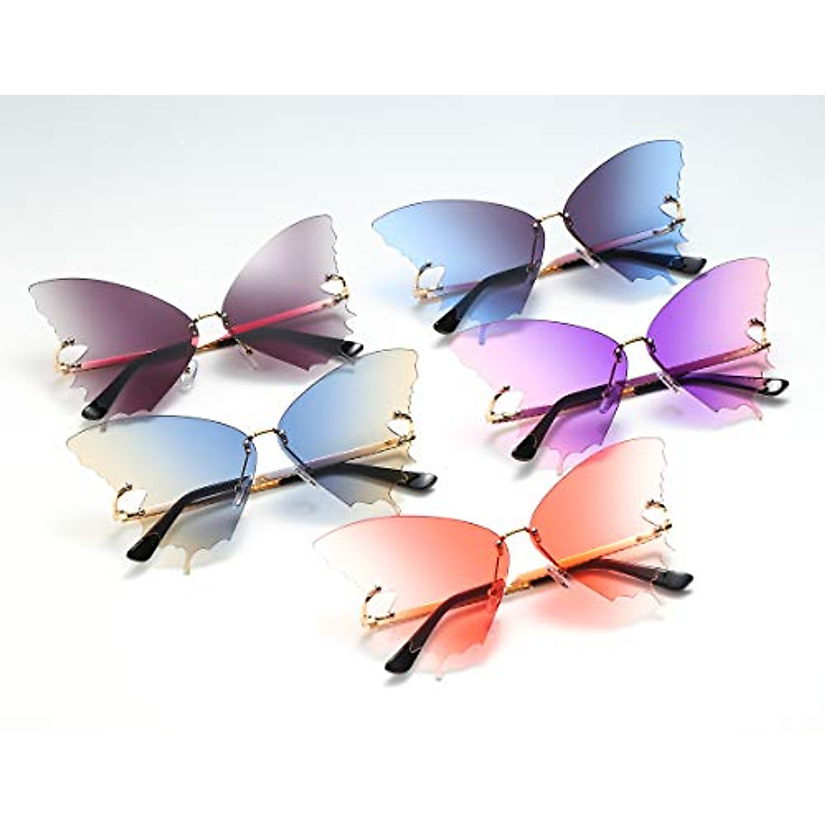 YAMEIZE Fashion Butterfly Rimless Sunglasses for Women Vintage Metal Frame Eyewear UV Protection (PURPLE PINK)