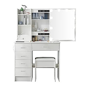Vanity Desk, Makeup Vanity with Mirror and 10 LED Lights, Makeup Dressing Table with 6 Drawers and Chair, Vanity Table with 3 Lighting Modes for Bedroom